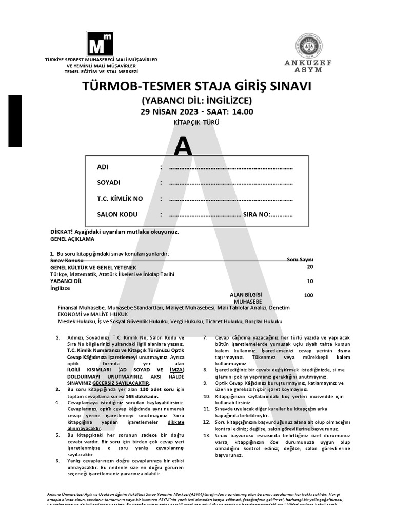 29 Nisan 2023 Staja Giris Sinav Sorulari | PDF