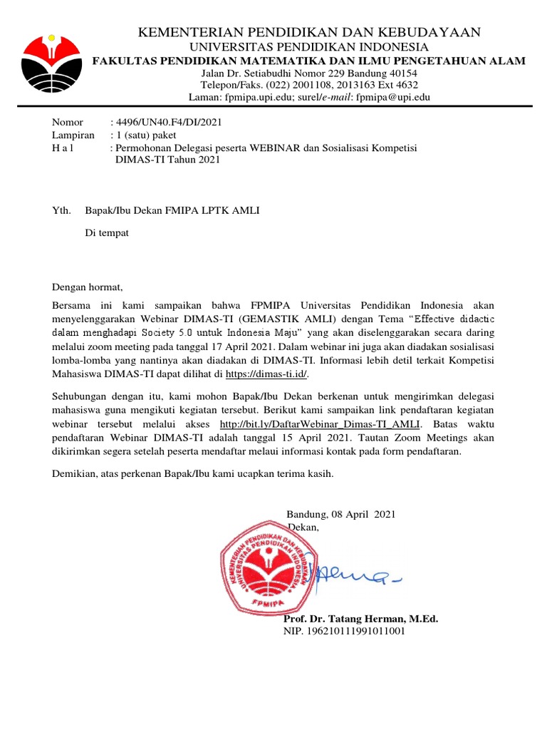 Permohonan Delegasi Peserta WEBINAR Dan Sosialisasi Kompetisi DIMAS-TI ...