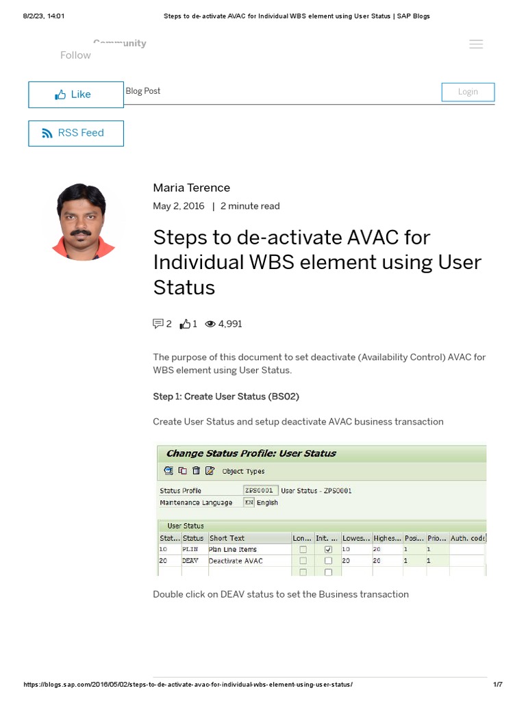 Steps To De-Activate AVAC For Individual WBS Element Using User Status ...