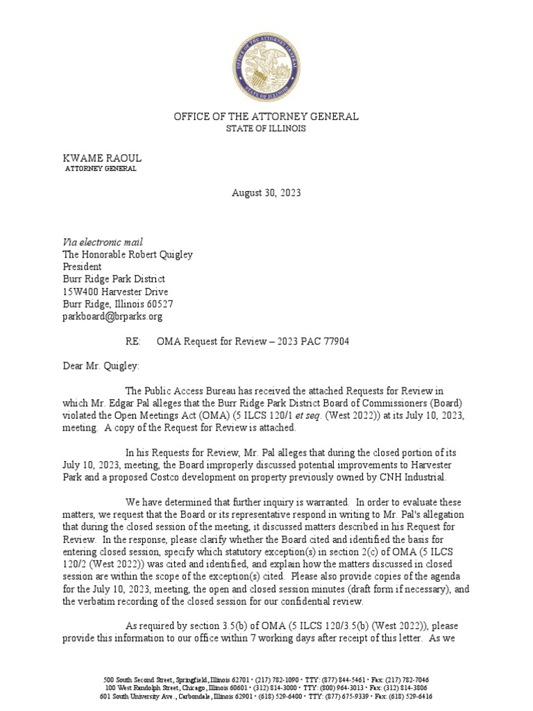 Open Meetings Act Complaint Against Burr Ridge Park District | PDF ...