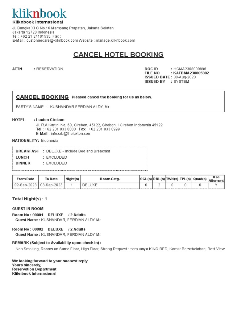Cancel Hotel Booking Report KATBMA230805882 | PDF