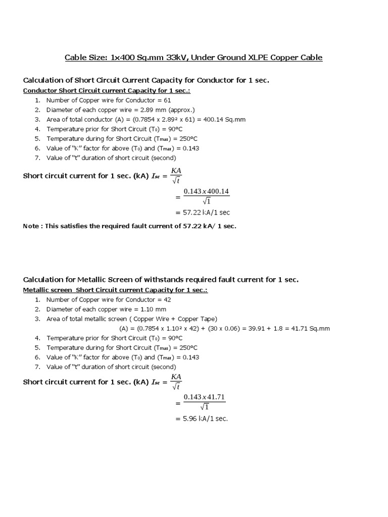 400rm Calculation Of Short Circuit Current Capacity Of Conductor For 1