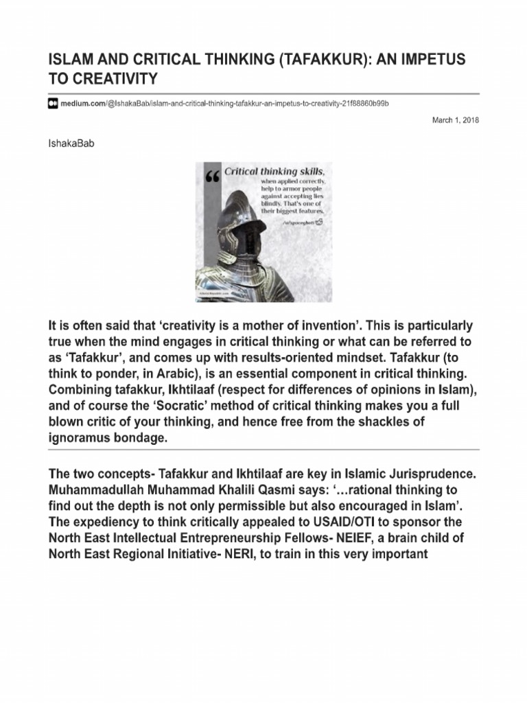 Islam and Critical Thinking (Tafakkur) - .. | PDF