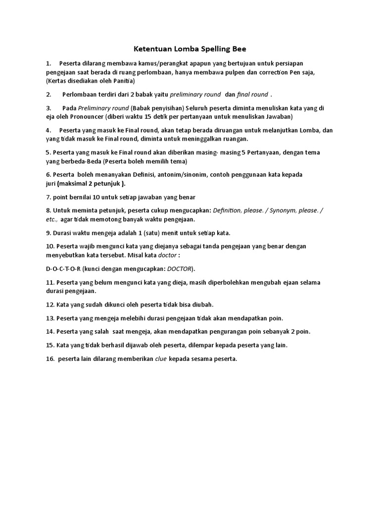 Ketentuan Lomba Spelling Bee | PDF | Olahraga & Rekreasi | Kajian ...