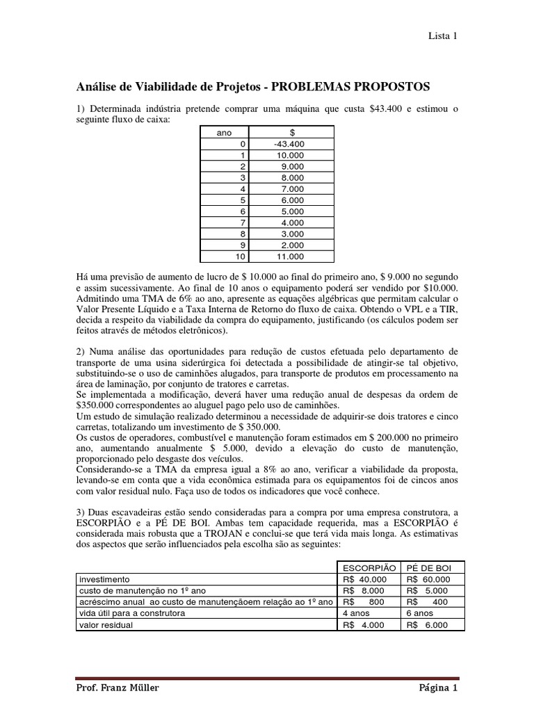 Lista 1 - Exerc Indicadores Econ | PDF | Valor Presente líquido | Taxa interna de retorno