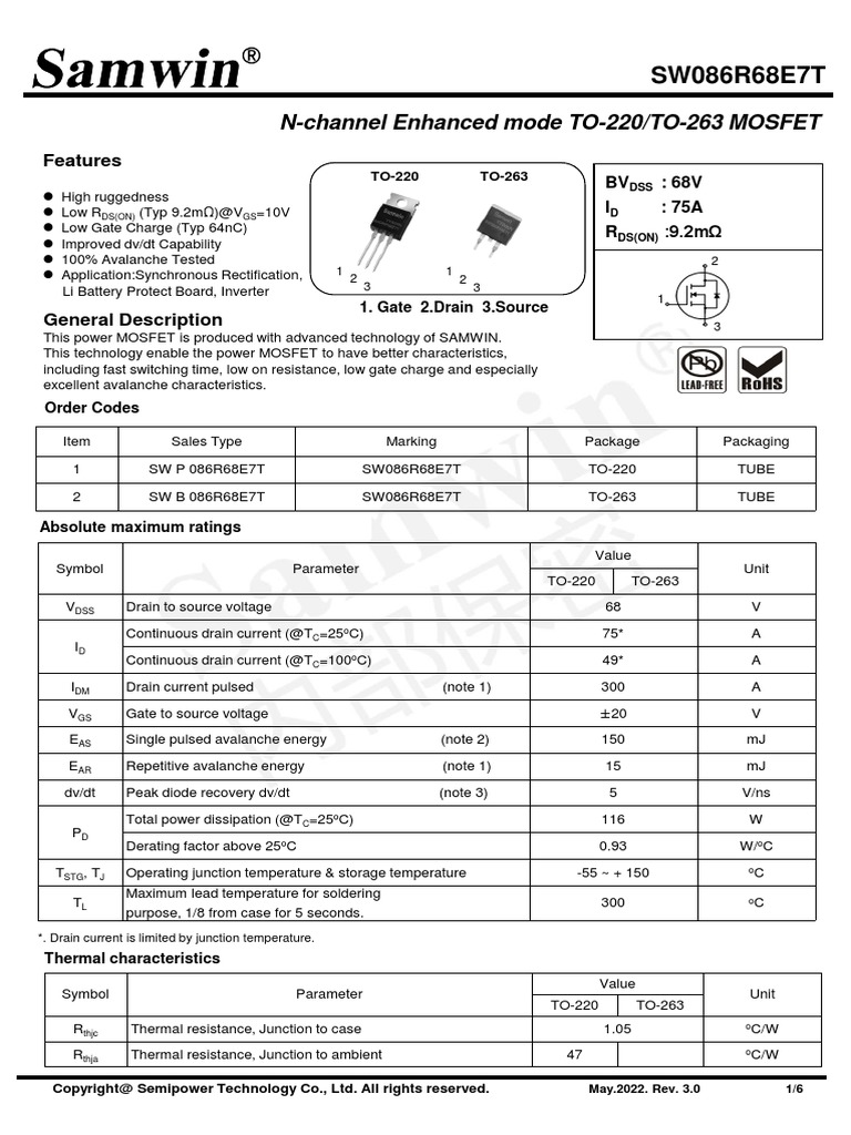 Sw086r68e7t 2 | PDF | Field Effect Transistor | Mosfet