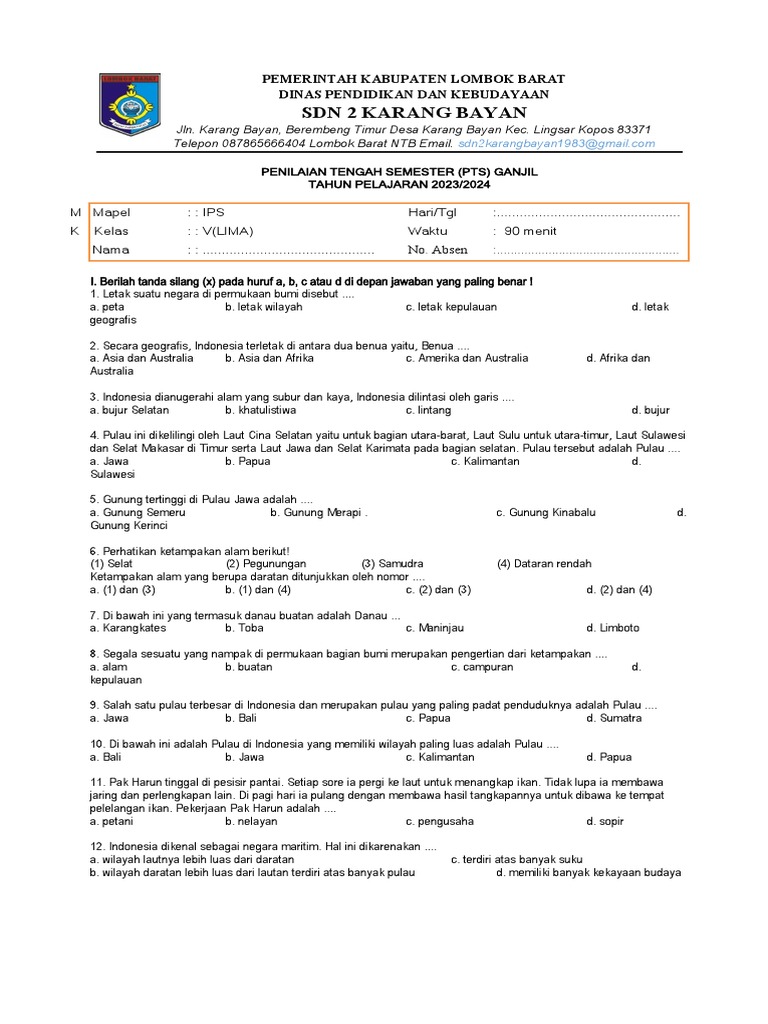 Soal PTS Kelas 5 Tema 1 Mapel IPS C | PDF