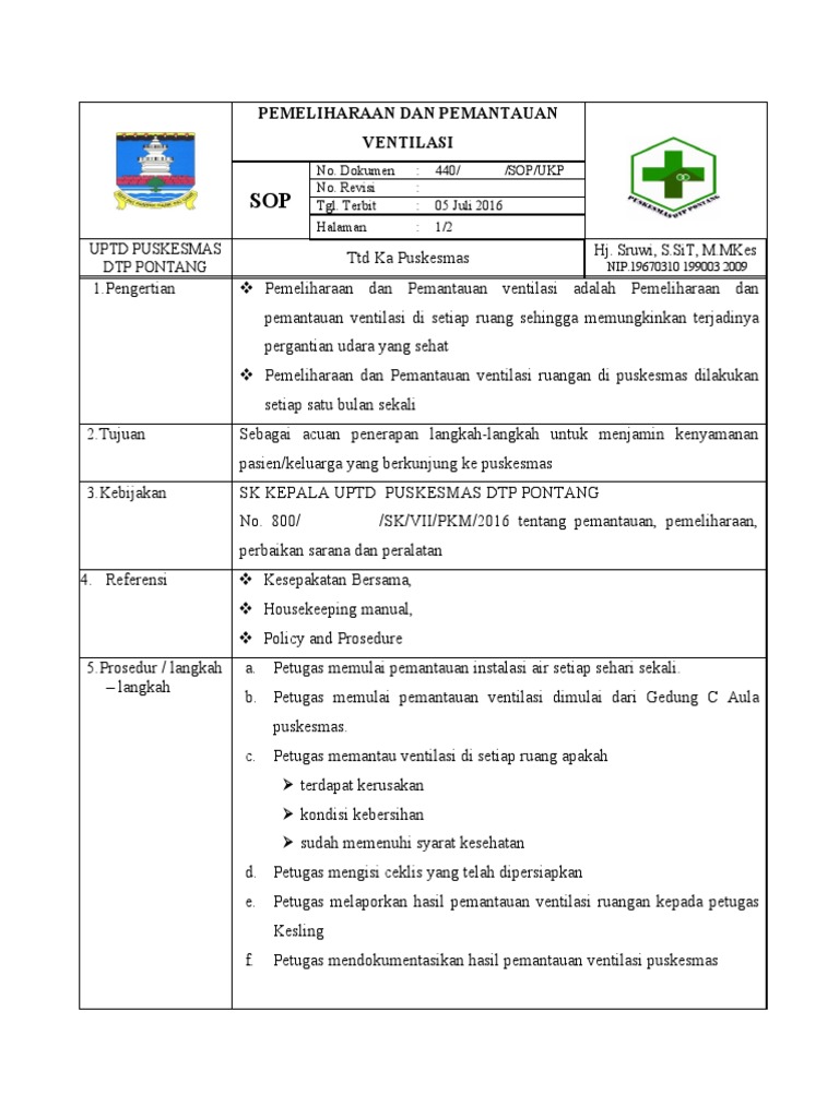 8.5.1.2 Sop Pemeliharaan Dan Pemantauan Ventilasi | PDF