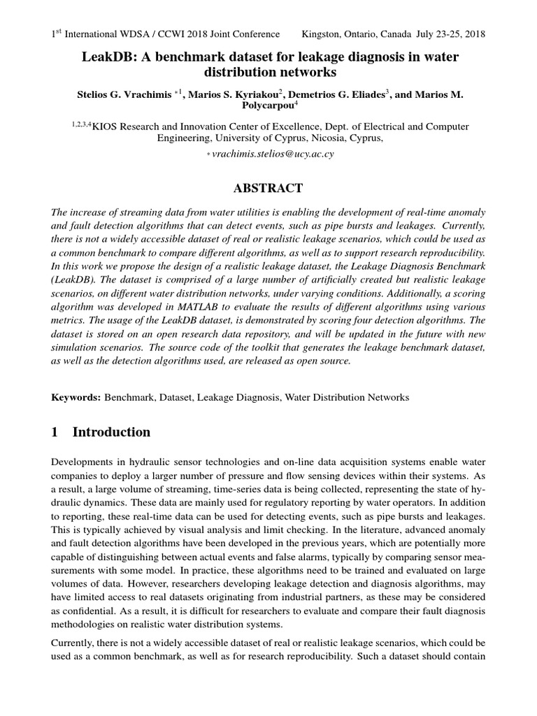 Leakdb A Benchmark Dataset For Leakage Diagnosis In Water Paper Pdf Sensitivity And