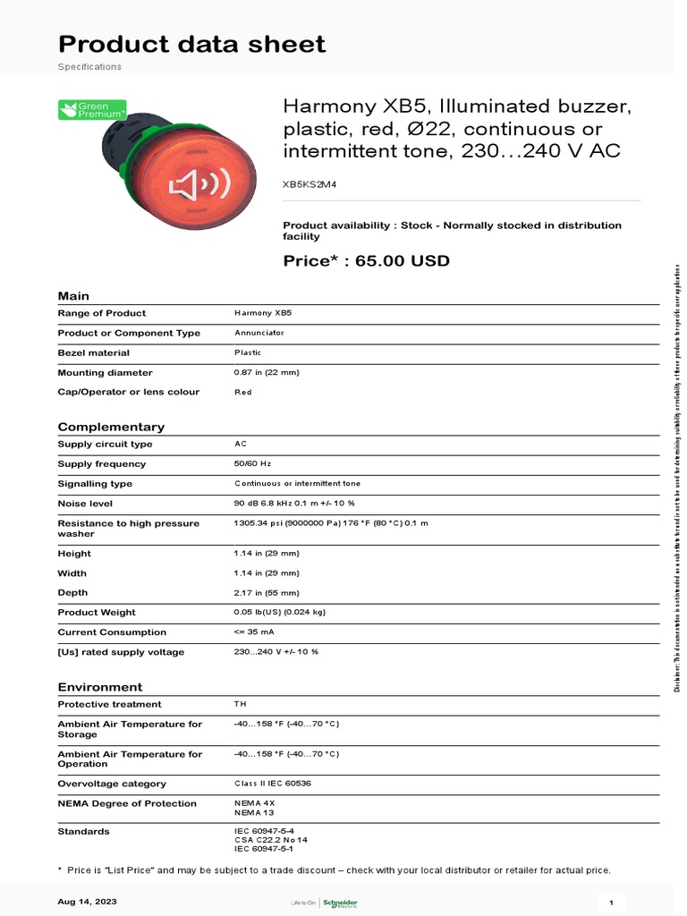 Harmony XB5 - ZB5 Plastic Push Buttons - XB5KS2M4 | PDF ...