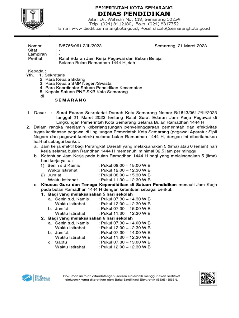 Disdik - Ralat Edaran Jam Kerja Bulan Ramadhan 1444 H | PDF