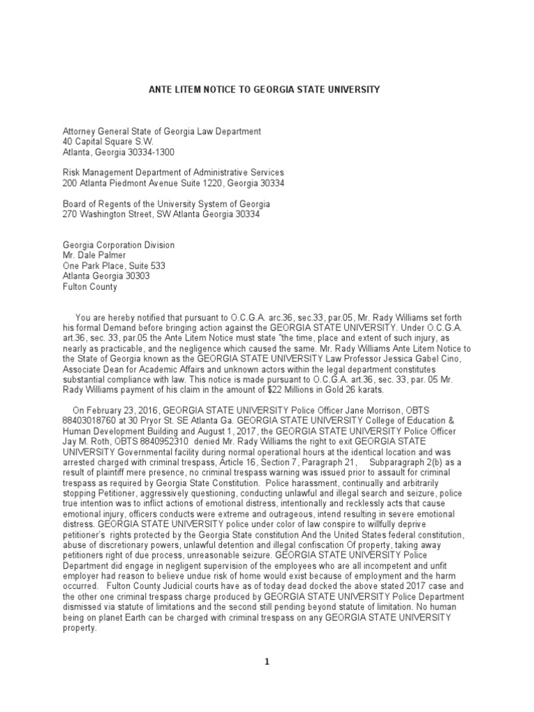 ANTE LITEM NOTICE TO GEORGIA STATE UNIVERSITY September 16, 2020 | PDF ...