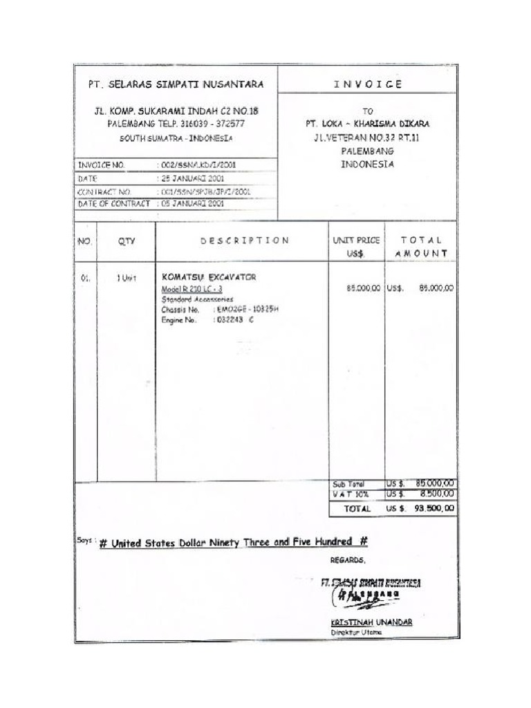 Invoice Excavator Komatsu | PDF