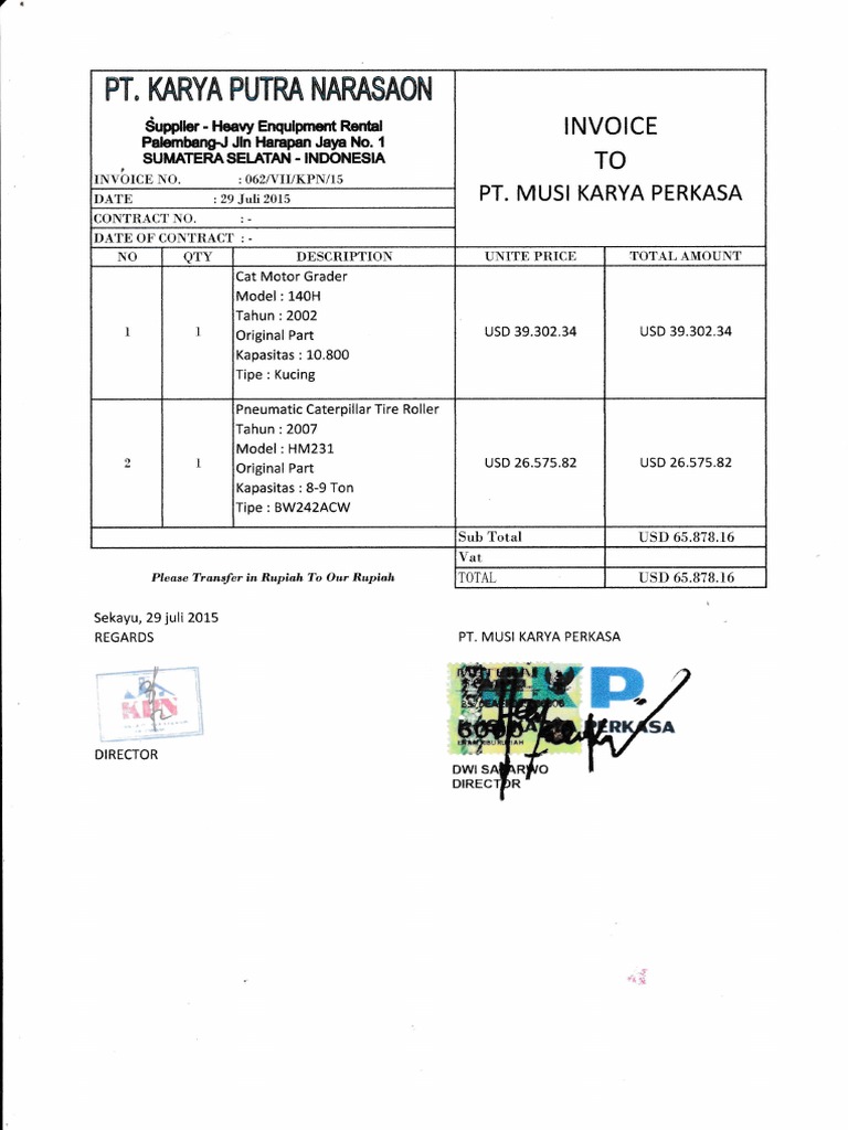 Invoice Motor Grader & Tire Roller | PDF