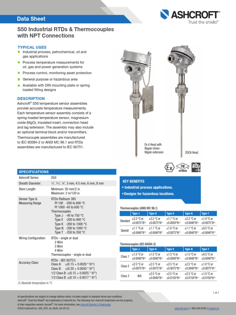 Catálogo - Ashcroft - S50 | PDF | Thermocouple | Electrical Engineering