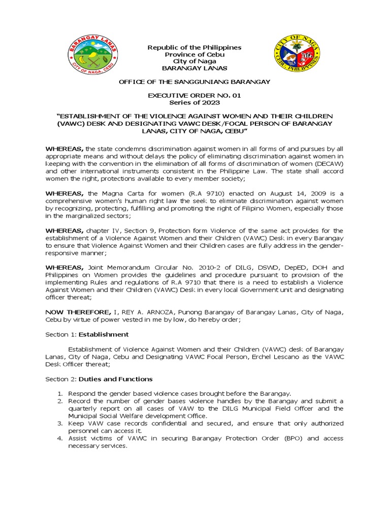 Establishment of VAWC Desk in Barangay Lanas | PDF | Violence | Justice