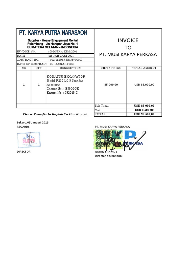 Invoice Excavator Komatsu New | PDF