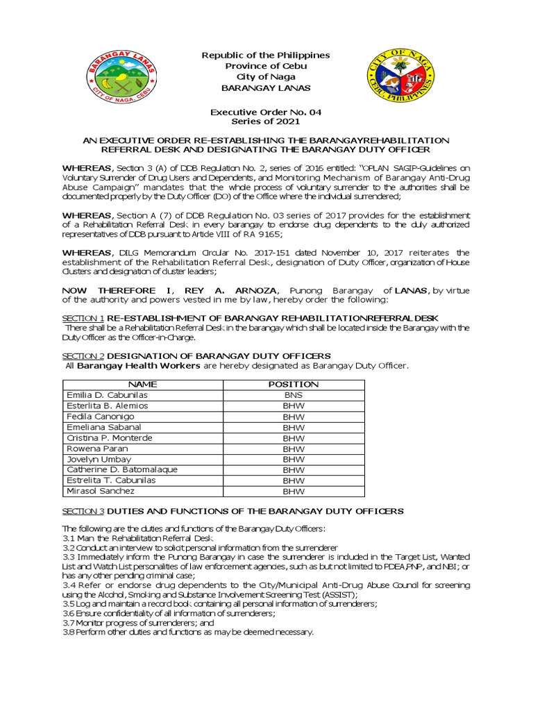Barangay Duty Officer Designation EO | PDF | Social Aspects Of ...