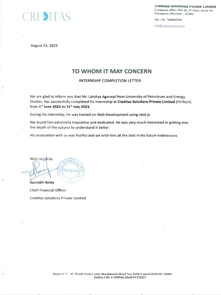 Internship Completion Certificate-Lakshya Agarwal | PDF