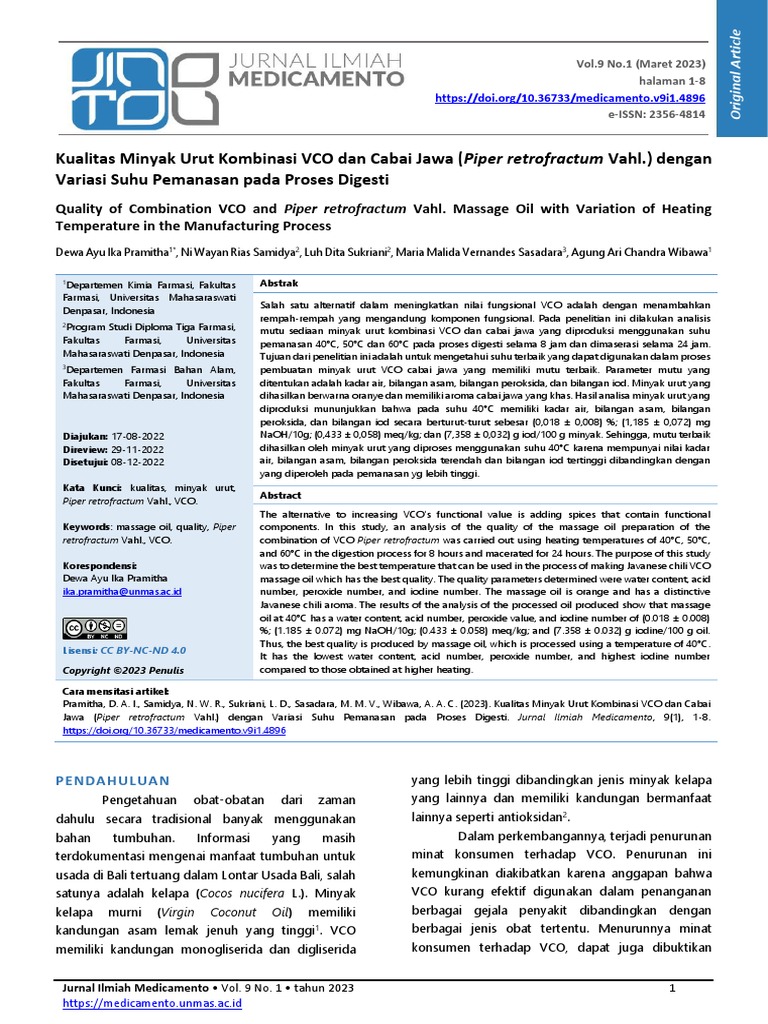 Kualitas Minyak Urut Kombinasi VCO Dan Cabai Jawa (Piper Retrofractum Vahl.) Dengan Variasi Suhu ...