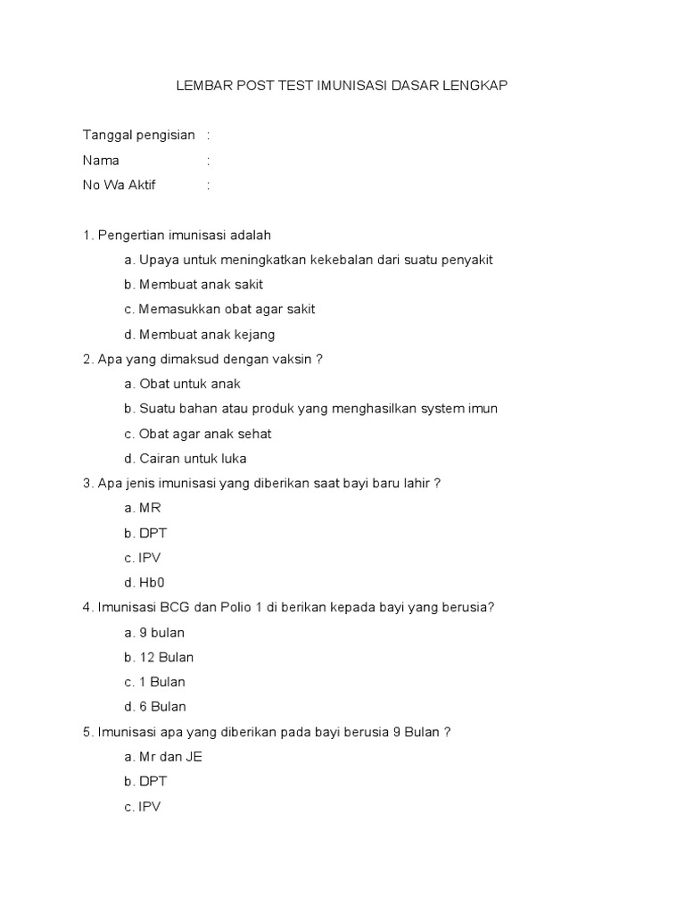 LEMBAR POST TEST IMUNISASI DASAR LENGKAP | PDF