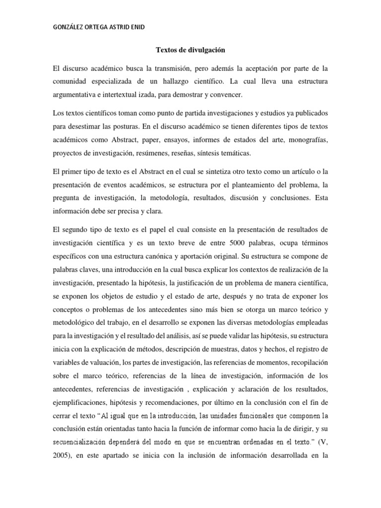 González, Astrid - Act. 1 Reflexión Sobre Un Texto de Divulgación | PDF | Sumario abstracto ...