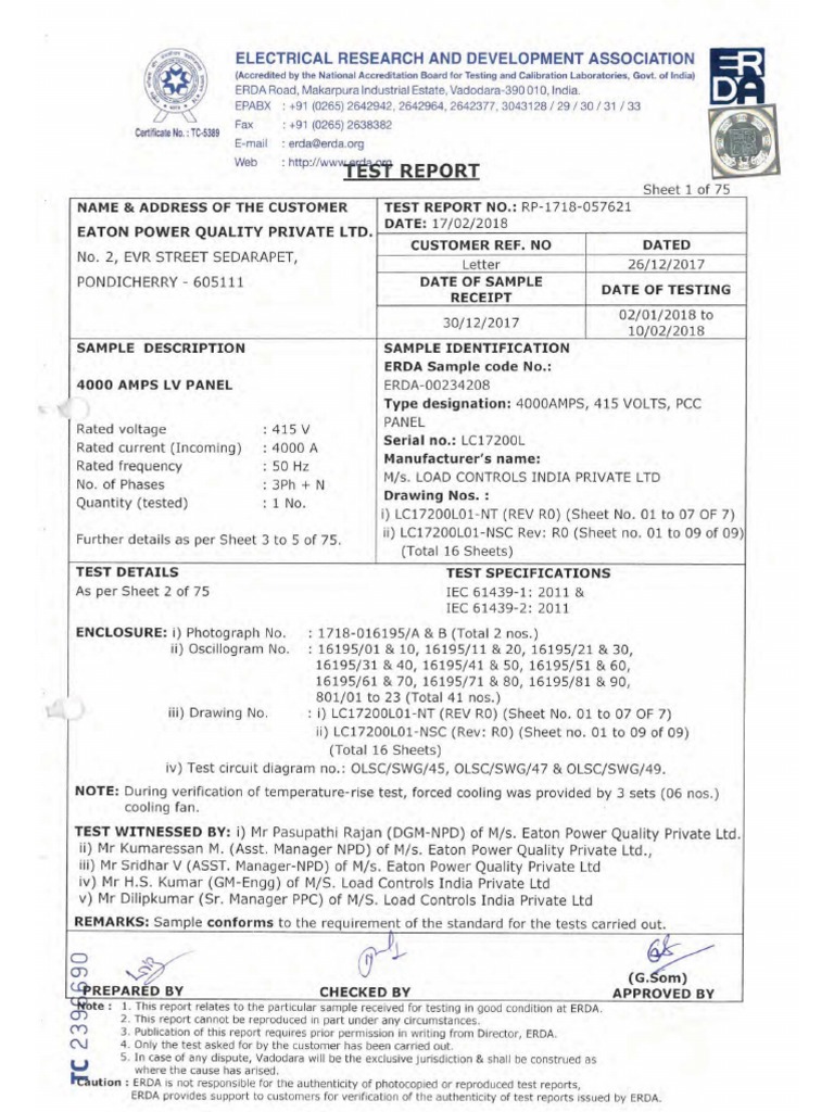 IEC 61439 Test Report For Eaton 4000A | PDF