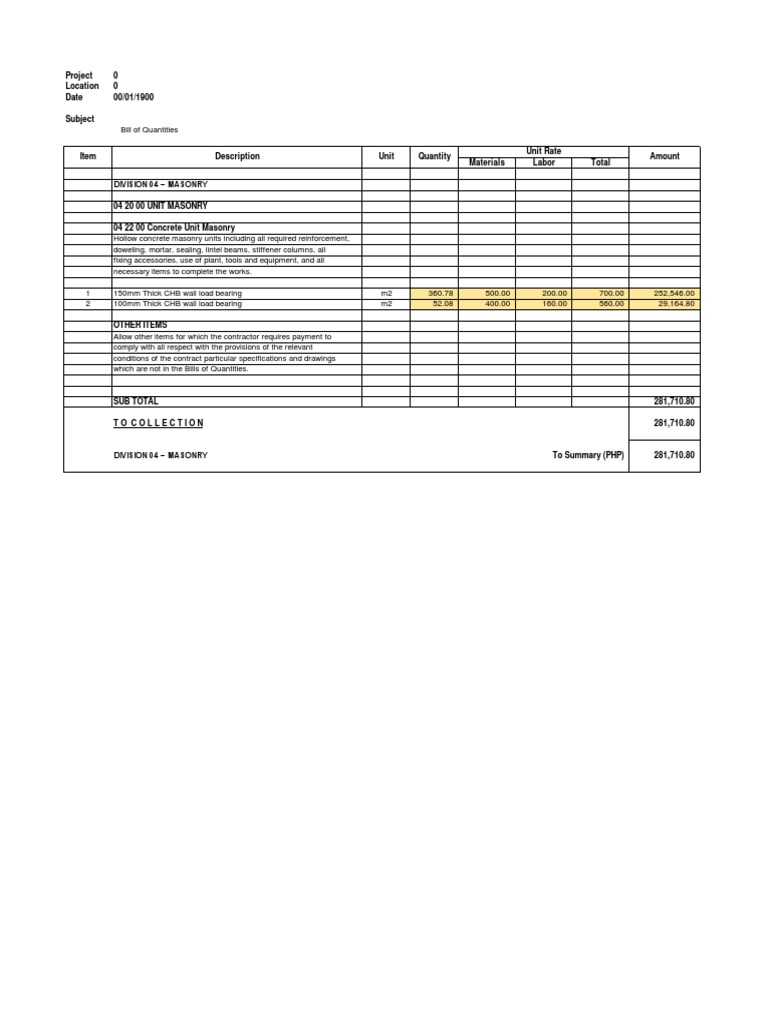 Boq Format Per Scope of Work Project - Masonry | PDF