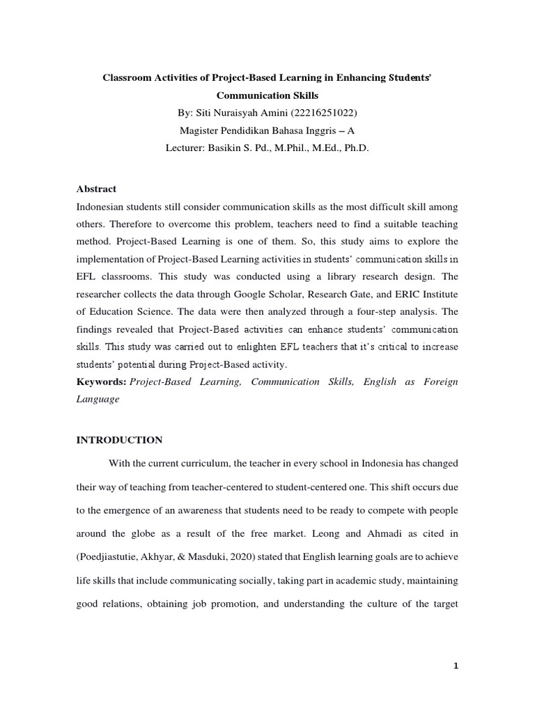 Classroom Activities of Project-Based Learning in Enhancing Students ...