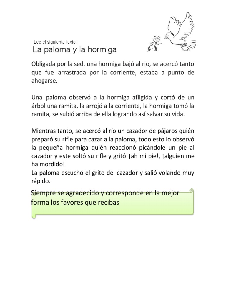 Fábula: La Paloma y la Hormiga | PDF