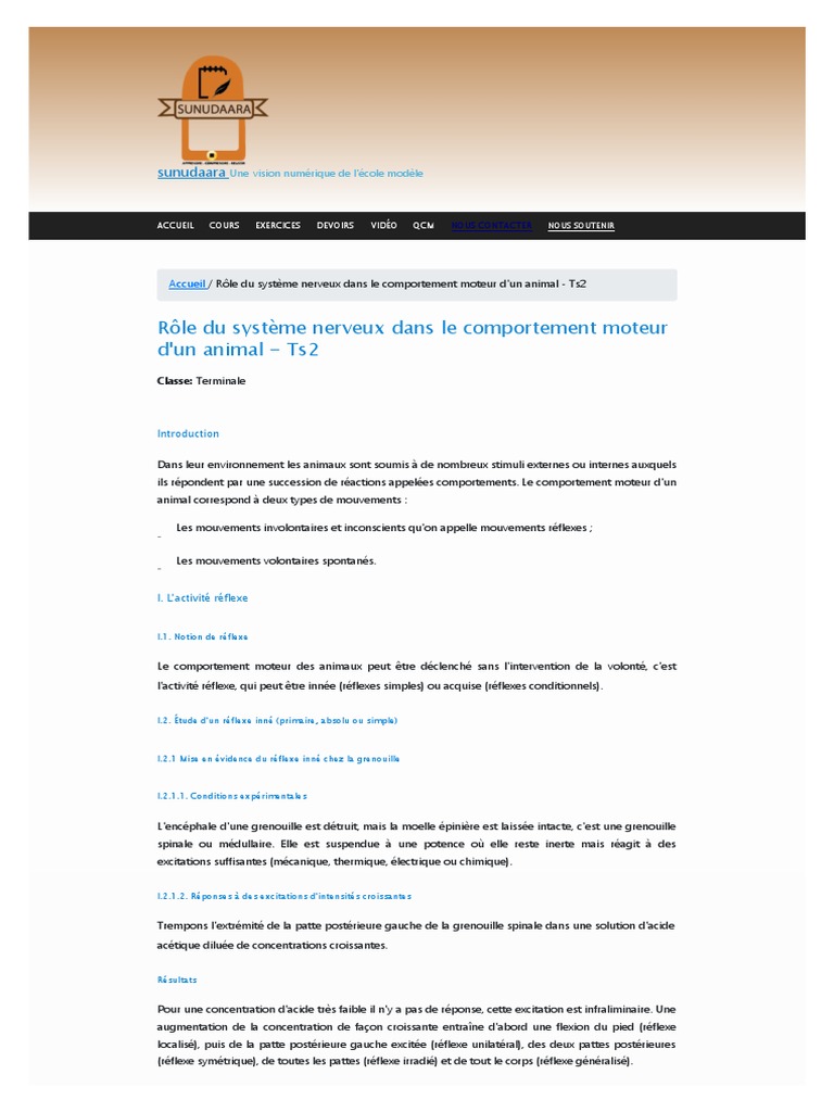 Role Du Systeme Nerveux Dans Le Comportement Moteur Dun Animal - ts2 ...