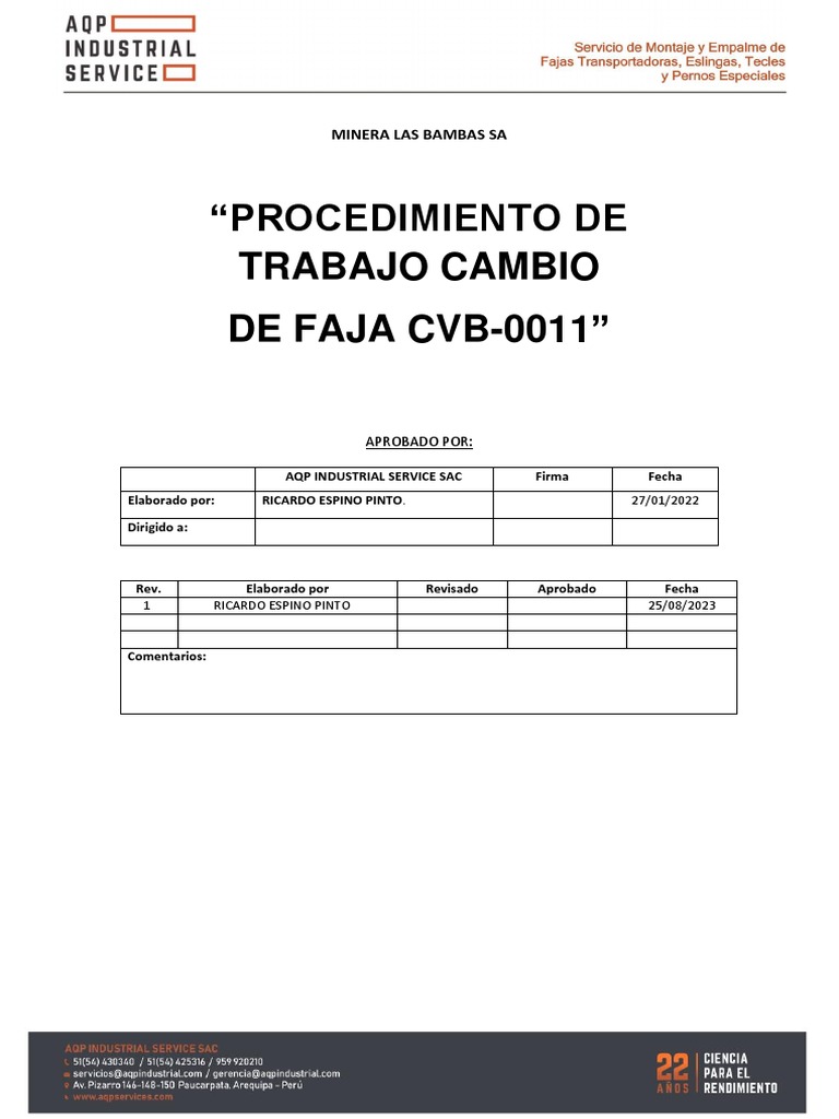 Procedimiento de Trabajo Faja Cvb-0011 | PDF