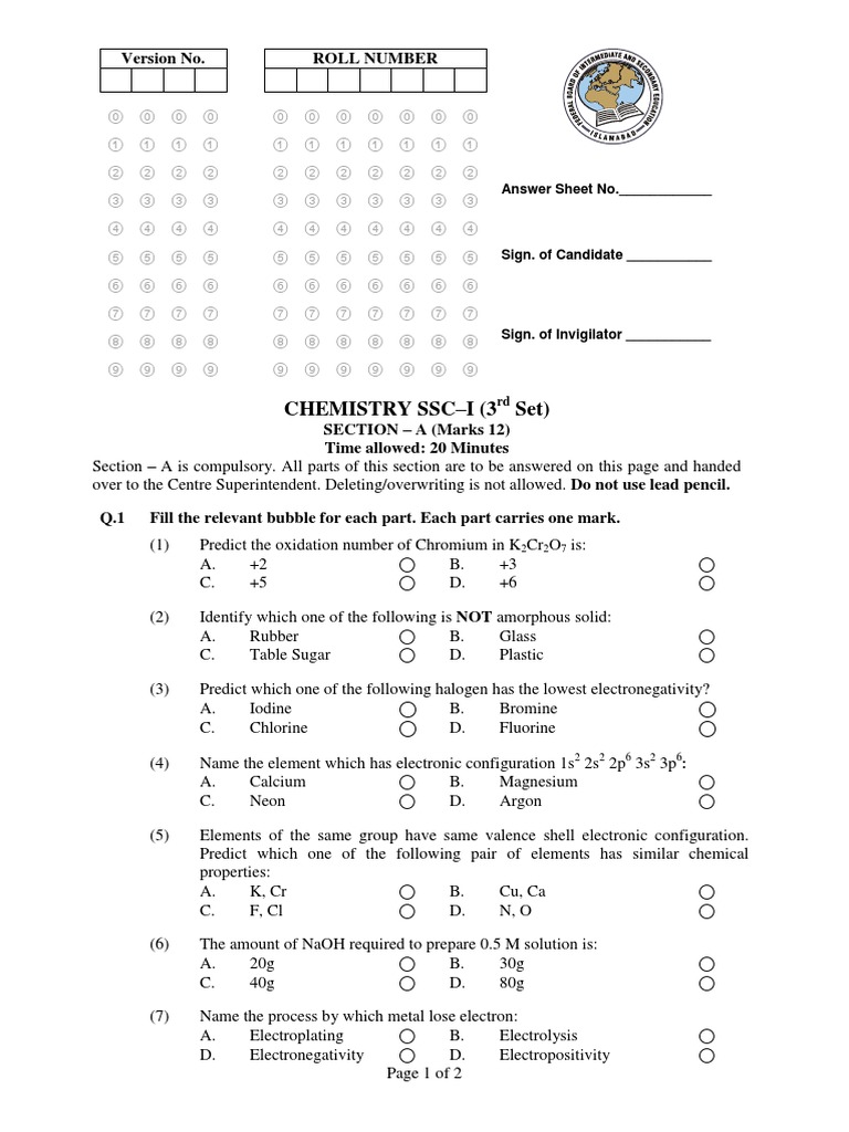 Chemistry SSC-I (3rd Set) | PDF | Chemistry | Solubility
