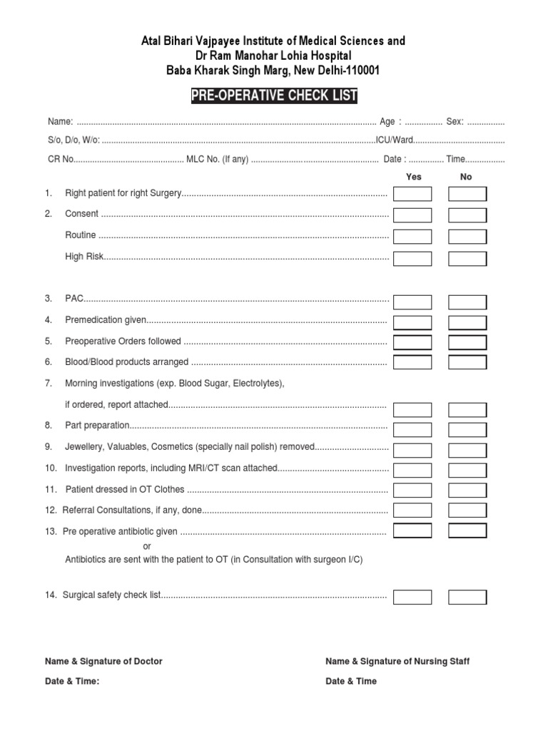 Pre-Operative Checklist for Surgery | PDF | Health Care | Medicine