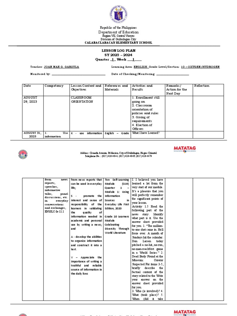 Daily Lesson Log Plan | PDF | Teachers | Learning Daily Lesson Log Plan | PDF | Teachers | Learning