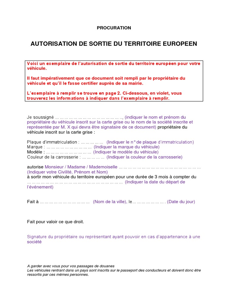Procuration Autorisation De Sortie Du Territoire Europen Vhicule