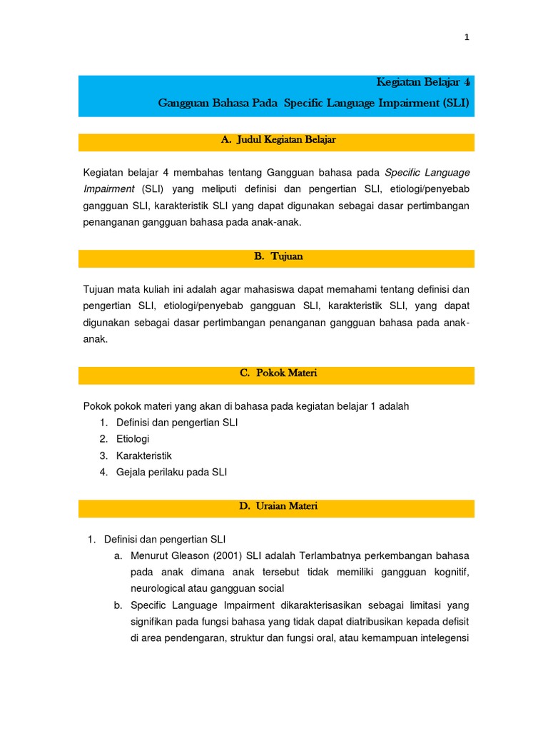 Kegiatan Belajar 5 Gangguan Bahasa Pada SLI - Fix | PDF