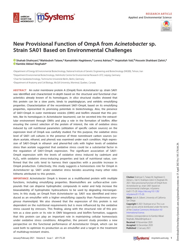 New Provisional Function of OmpA From Acinetobacter Sp. Strain SA01 Based On Environmental ...