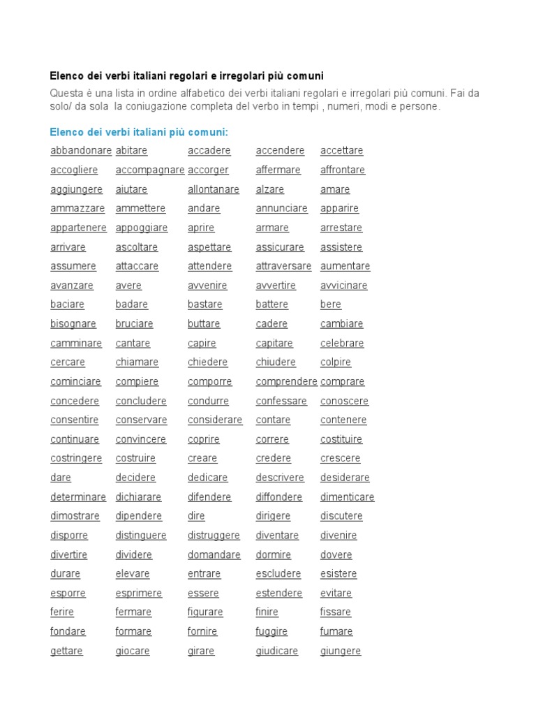 Verbi Italiani Regolari e Irregolari | PDF