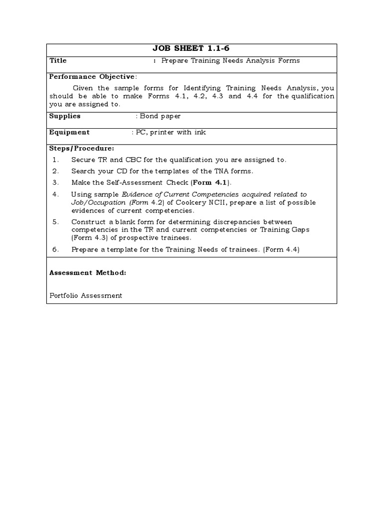 Job Sheet 1 - Prepare Training Needs Analysis Form | PDF