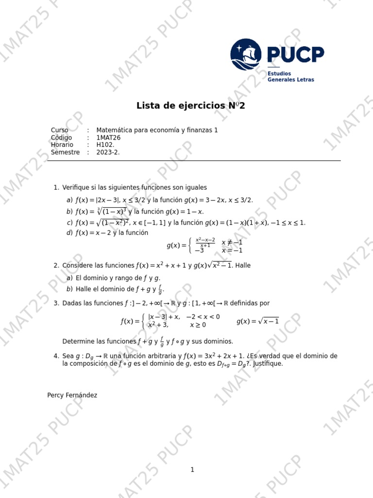 Lista de Aritmetica y Composición de Funciones | PDF | Matemáticas | Análisis matemático