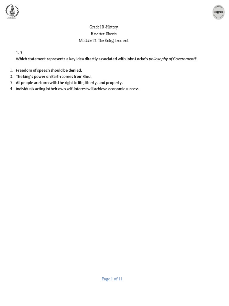 Grade 10 - The Enlightenment Revision Sheets - Answered | PDF | Age Of ...