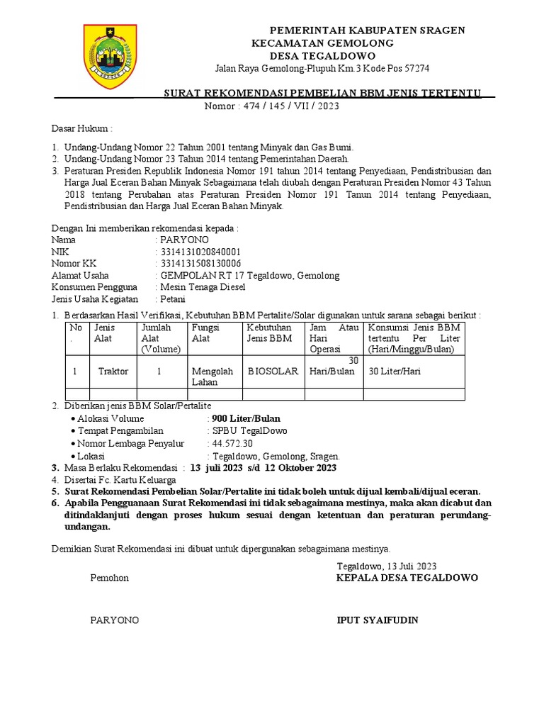 SURAT REKOMENDASI Solar P - 101915 | PDF