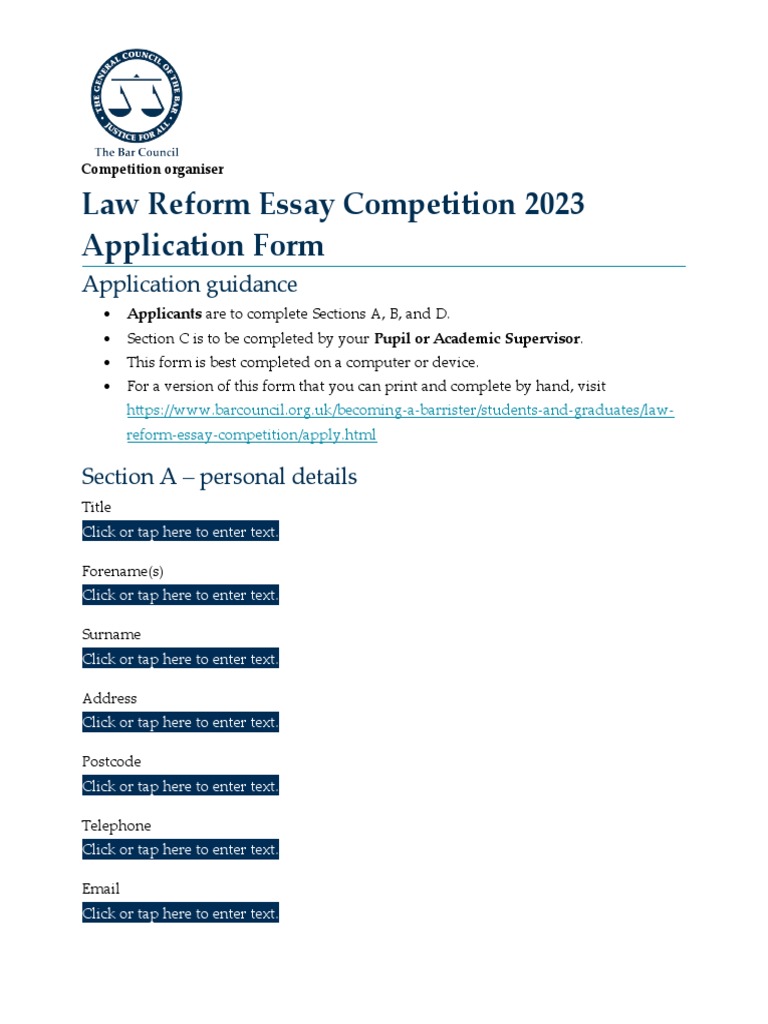 Law Reform Essay Competition 2023 Editable Application Form | PDF ...