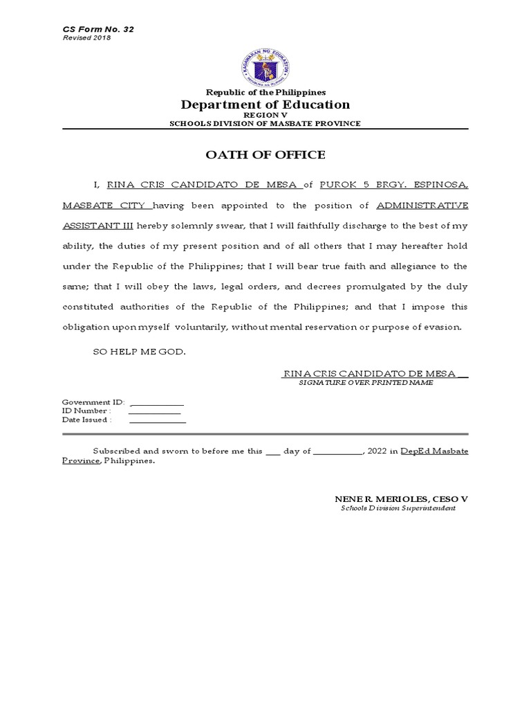 DepEd Oath of Office Sample Form | PDF