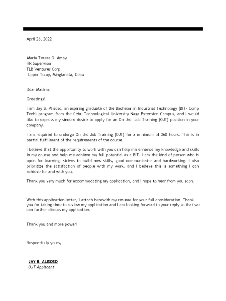 Sample Application Letter For Ojt | PDF | Career & Growth
