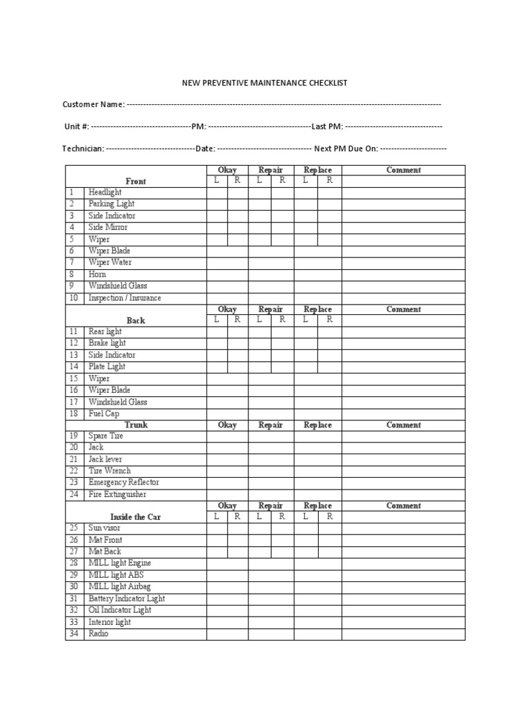 Preventive Maintenance Checklist Template | PDF | Steering | Axle
