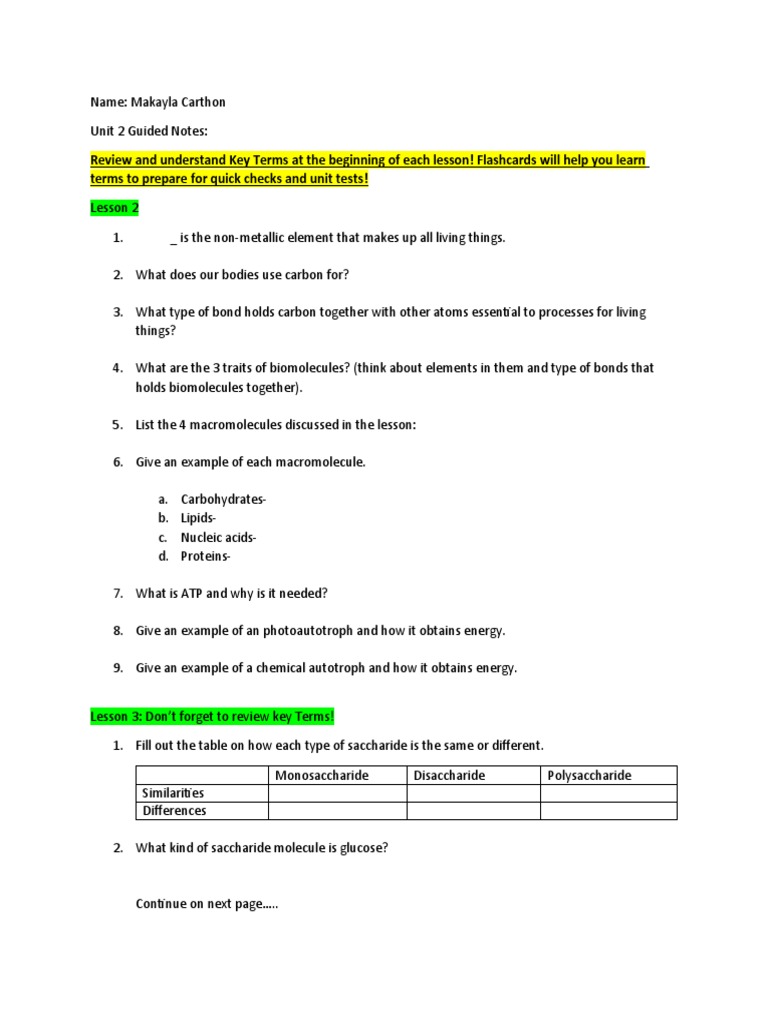 SMA - Unit 2 Guided Notes | PDF | Carbohydrates | Biomolecules