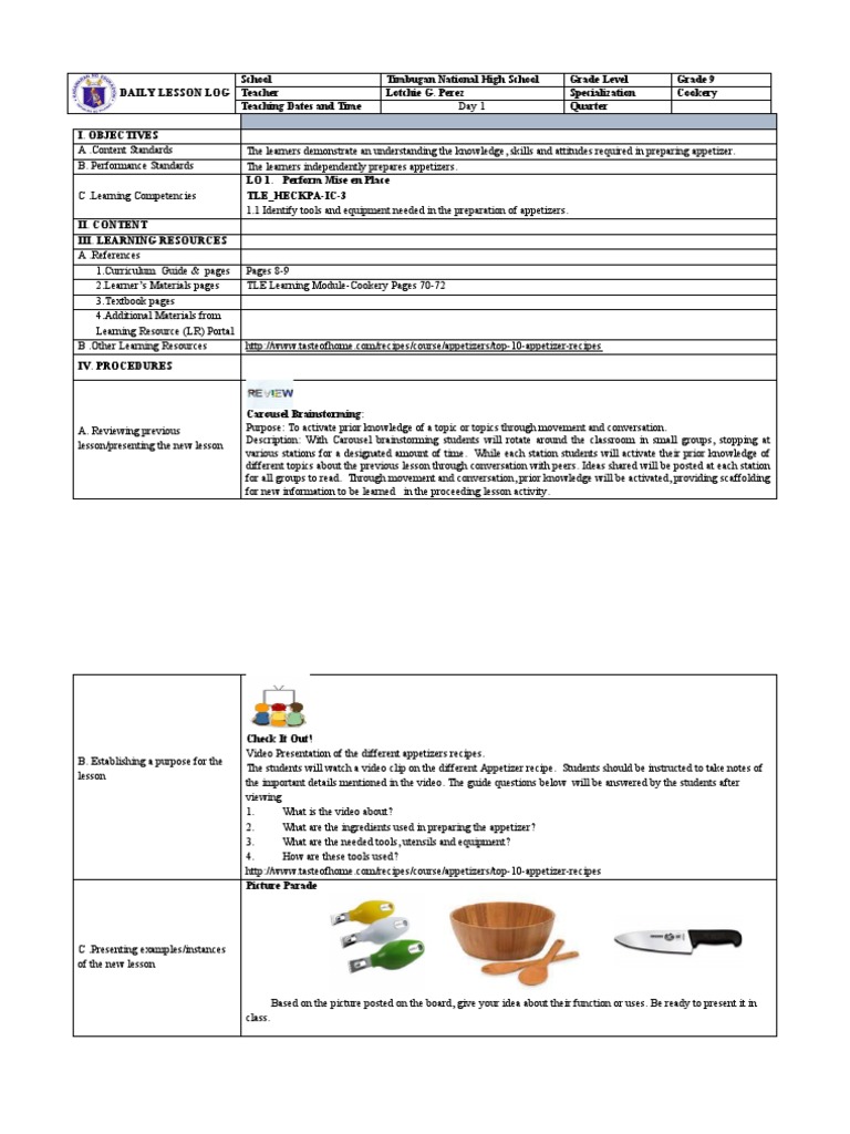 LO 1. e Perform Mise en Place Tools and Materials | Download Free PDF | Learning | Behavior ...