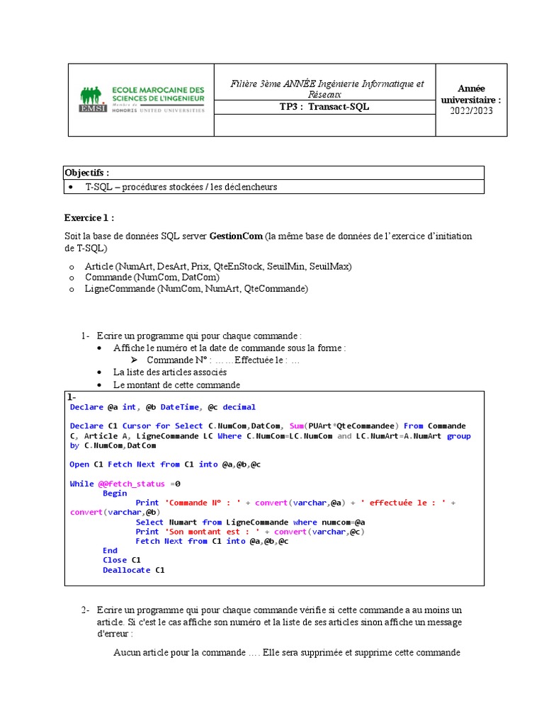 tp3 transactSQL Correction | PDF | Données informatiques | Logiciel
